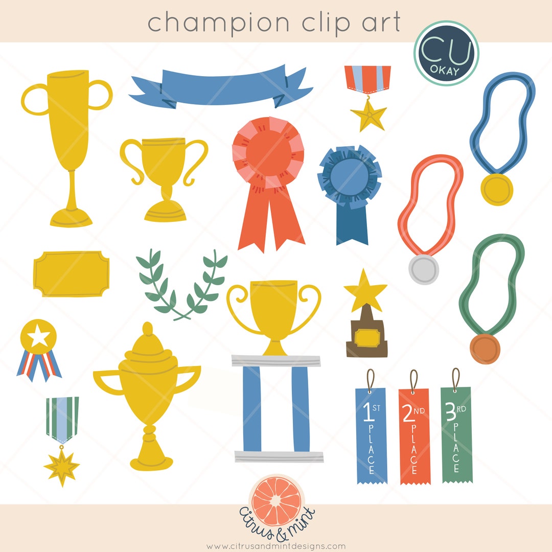 Trophy and Ribbon Champion Sports Clip Art Graphics - Hand-drawn ...