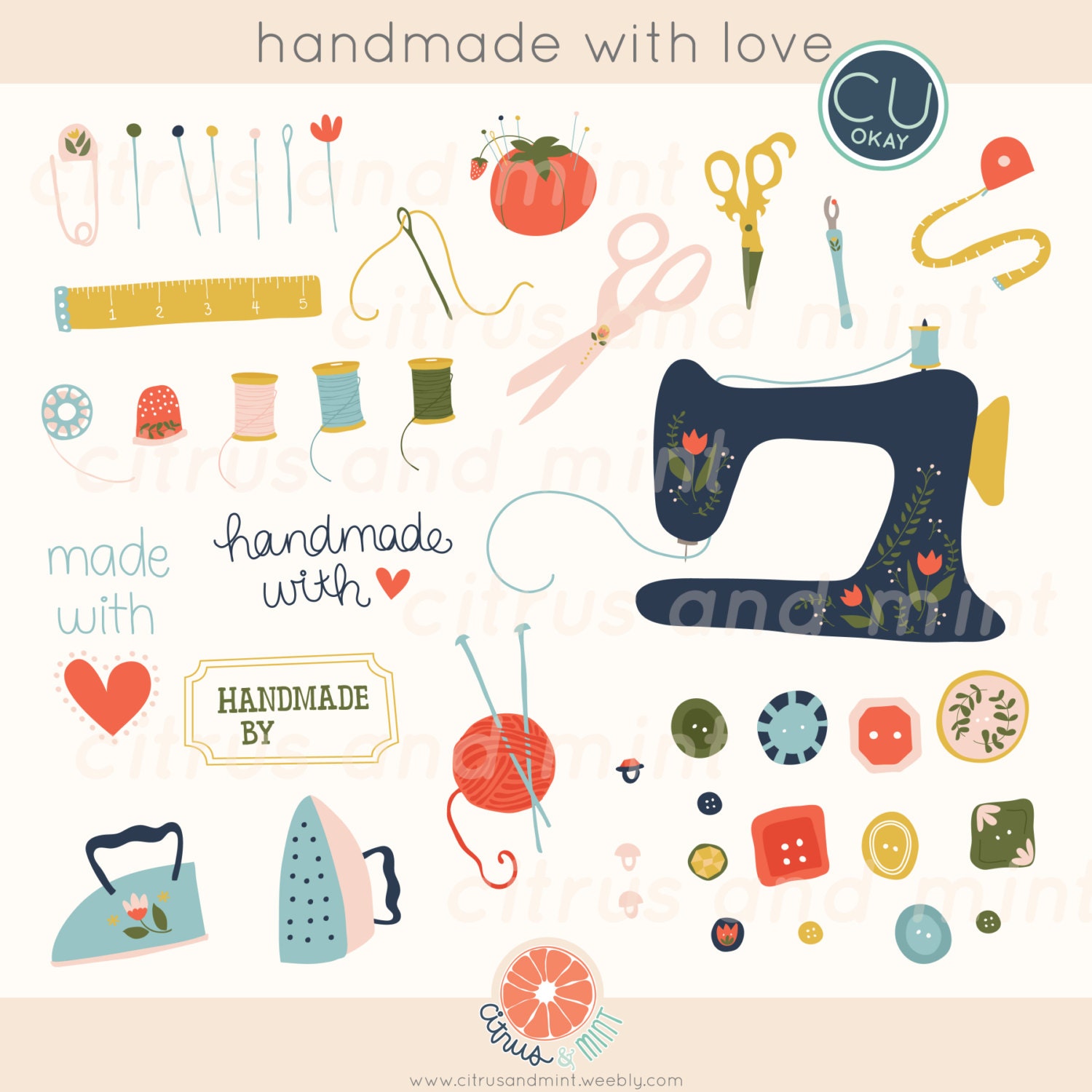Sewing Digital Clip Art - 39 Hand Drawn Illustrations - Commercial Use ...