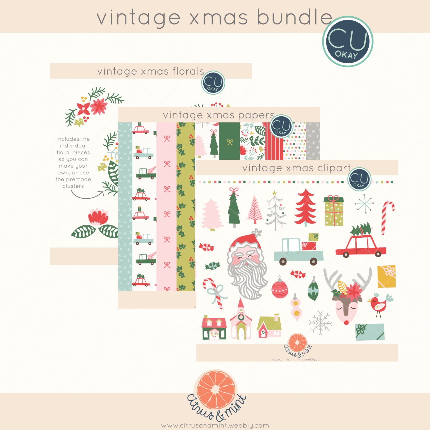 Christmas Clip Art Graphics - Vintage Christmas - Holiday 2015- Hand ...