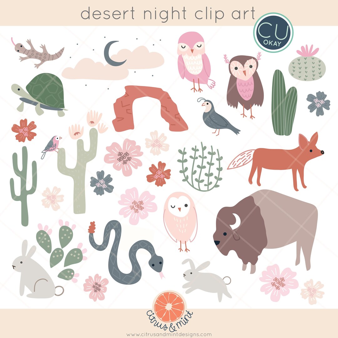 Desert Night Animal Clip Art Graphics - Hand-drawn Digital ...