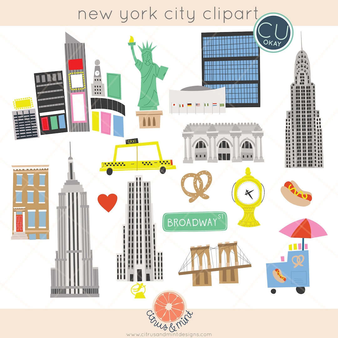 New York City Map Travel Clip Art Graphics - Hand-drawn Digital ...