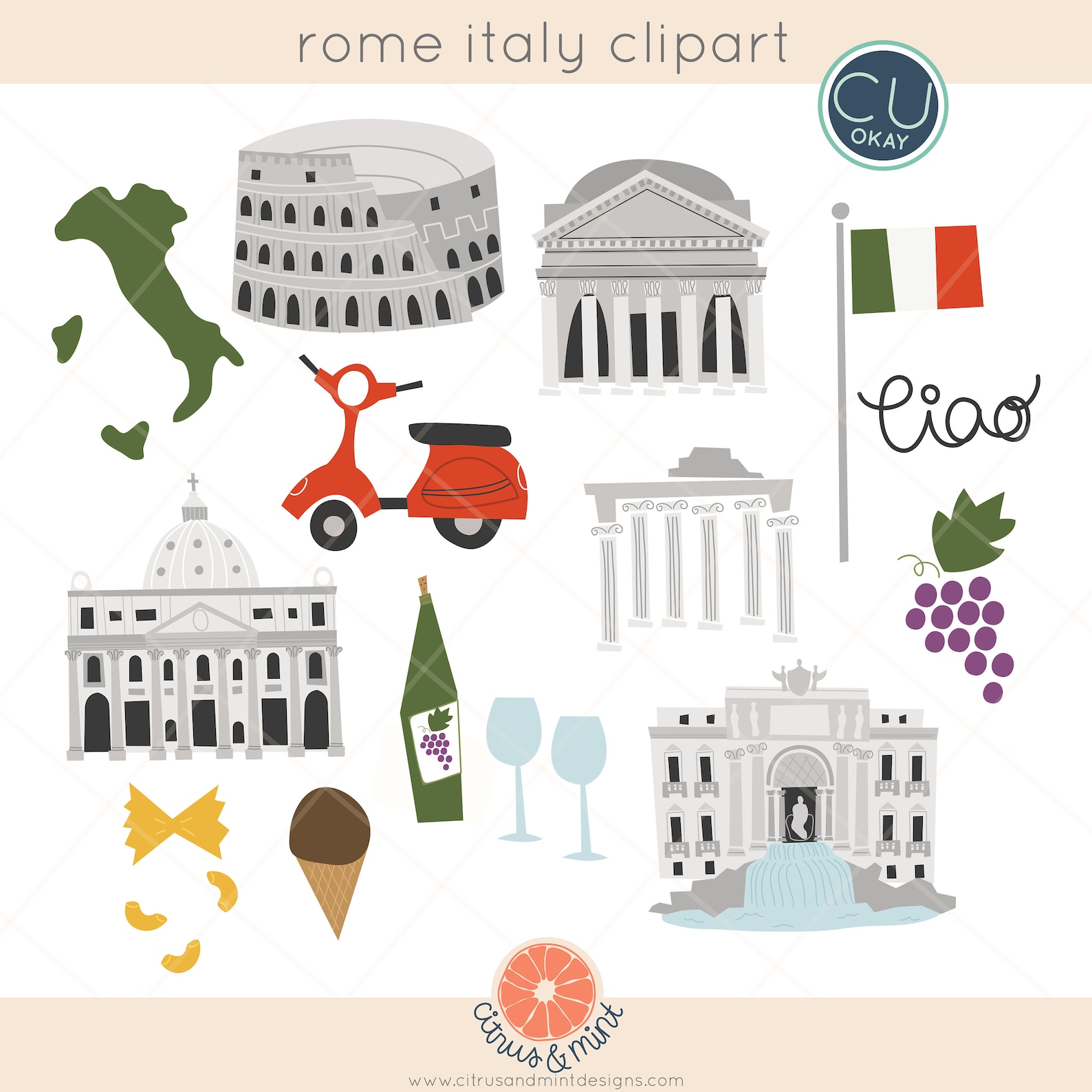 Rome Italy Travel Clip Art Graphics - Hand-drawn Digital Illustrations ...