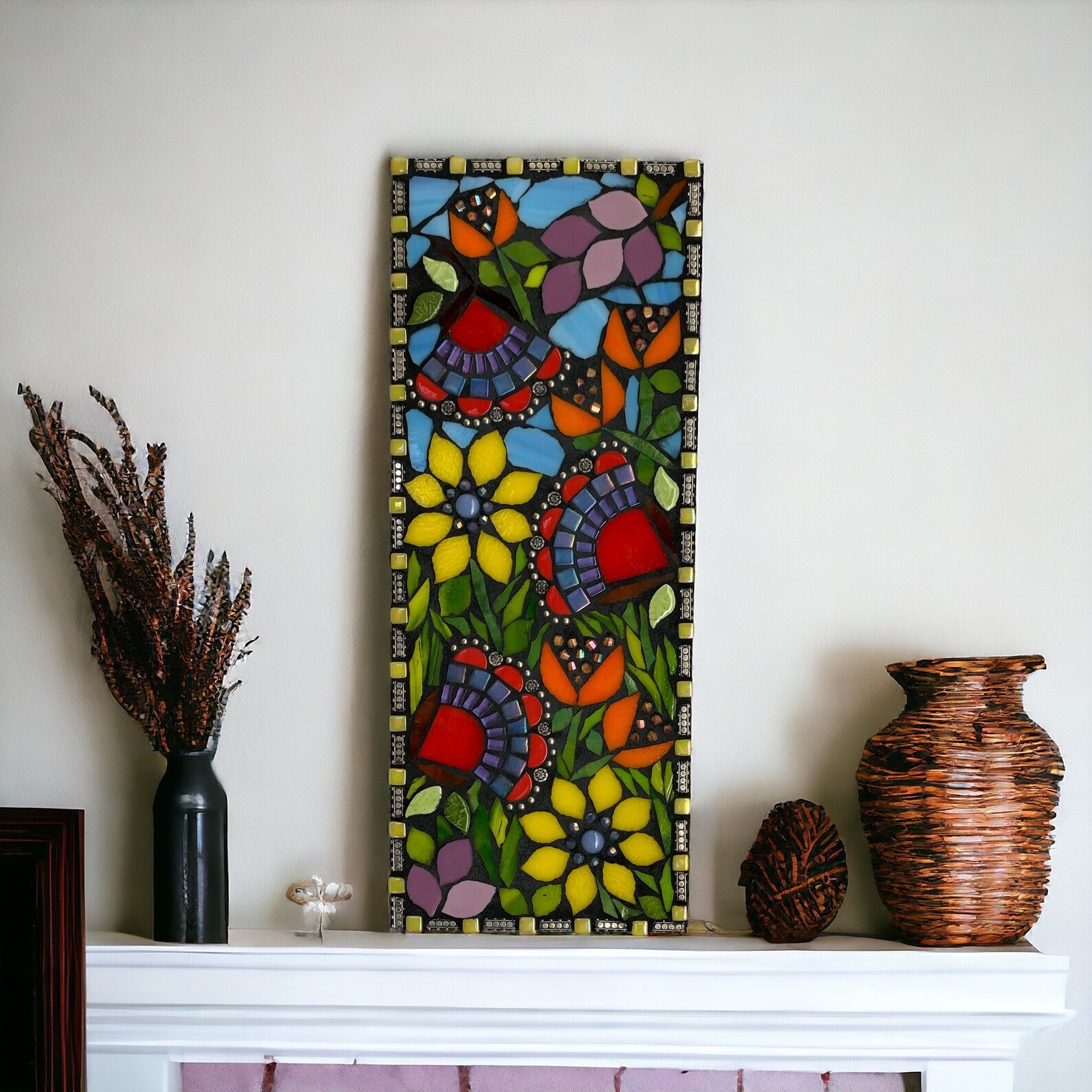 Colorful Mosaic Wall Decor, Mosaic Glass and Mixed Media Art, Shelf ...