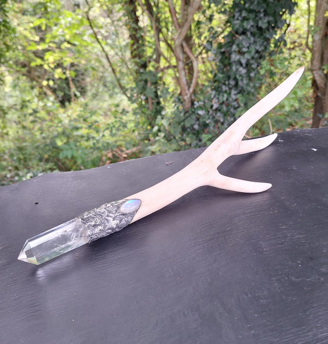 Antler Wand, Quartz Moonstone Wand, Magic Wand, Ash Wand, Crystal Wand ...
