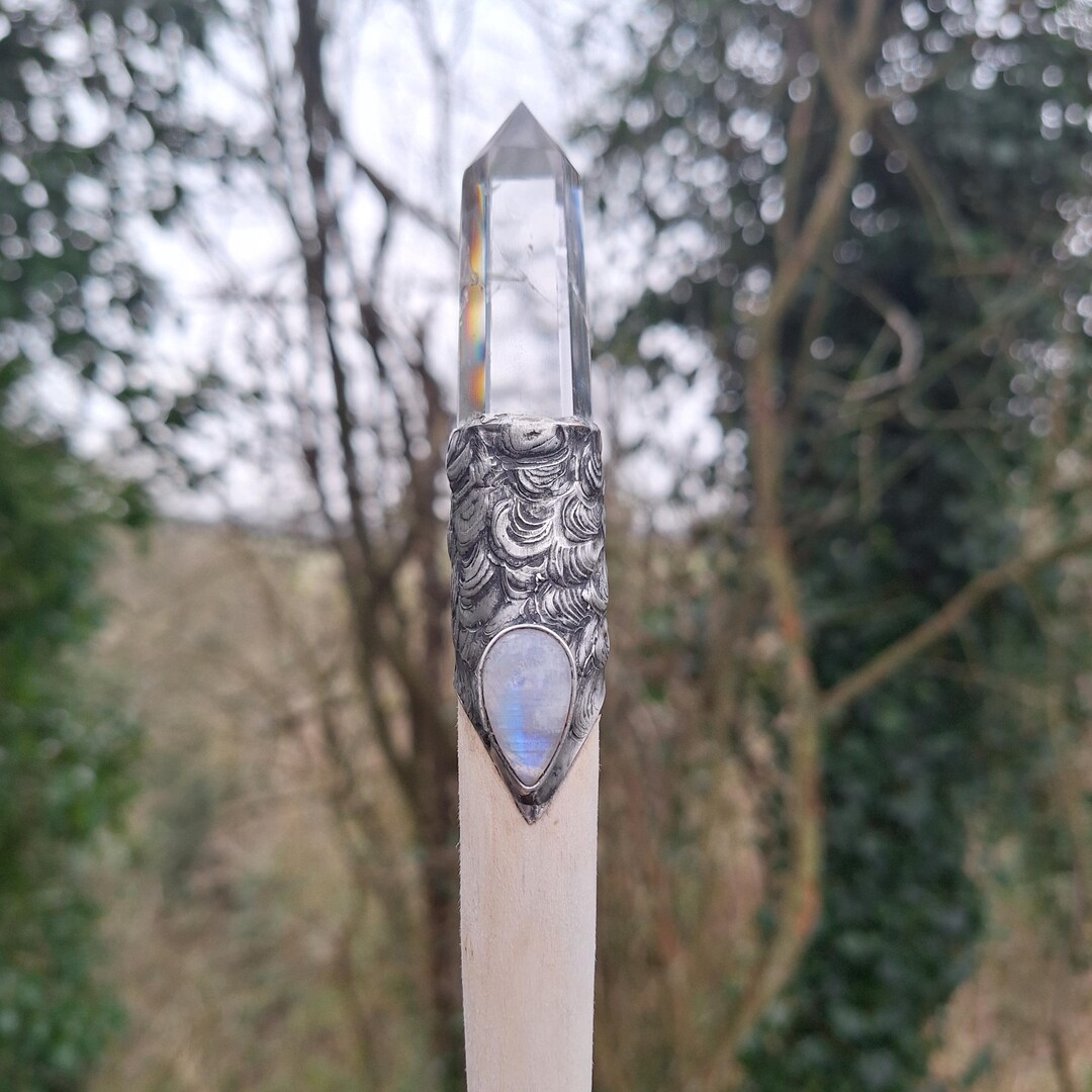 White Willow Wand, Quartz & Moonstone Wand, Magic Wand, Wood Crystal ...