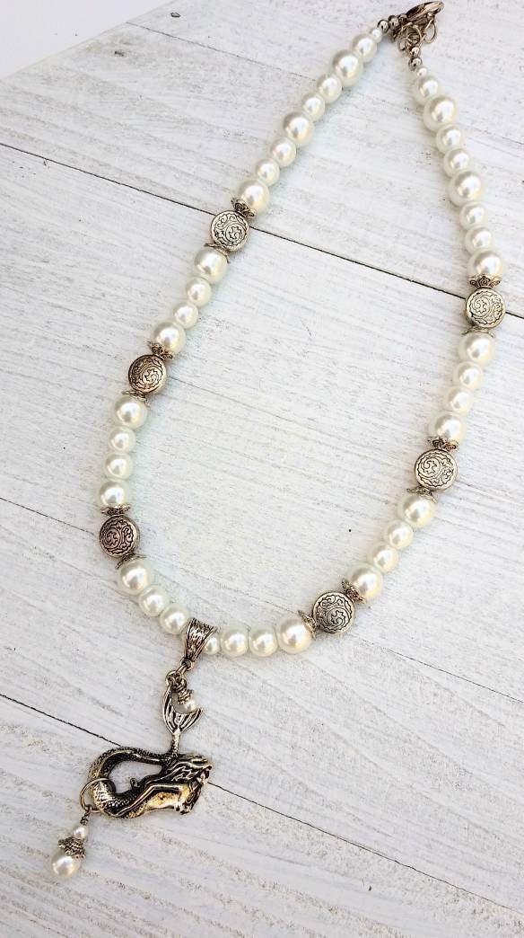 White Pearl Antique Silver Mermaid Necklace Beach Jewelry | Etsy