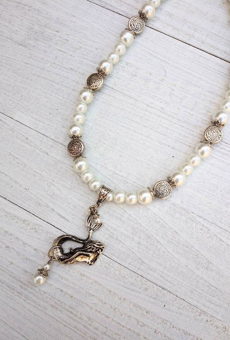 White Pearl Antique Silver Mermaid Necklace Beach Jewelry | Etsy