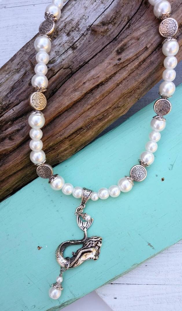 White Pearl Antique Silver Mermaid Necklace Beach Jewelry | Etsy