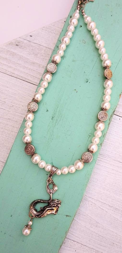 White Pearl Antique Silver Mermaid Necklace Beach Jewelry | Etsy