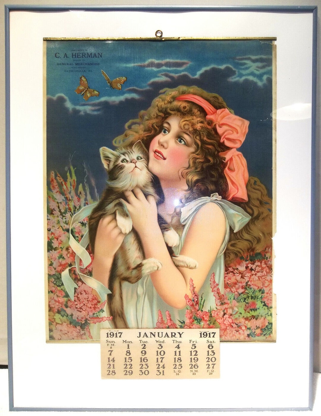1917 Chromolithograph Girl & Kitten Calendar C.a.herman Danielsville Pa ...