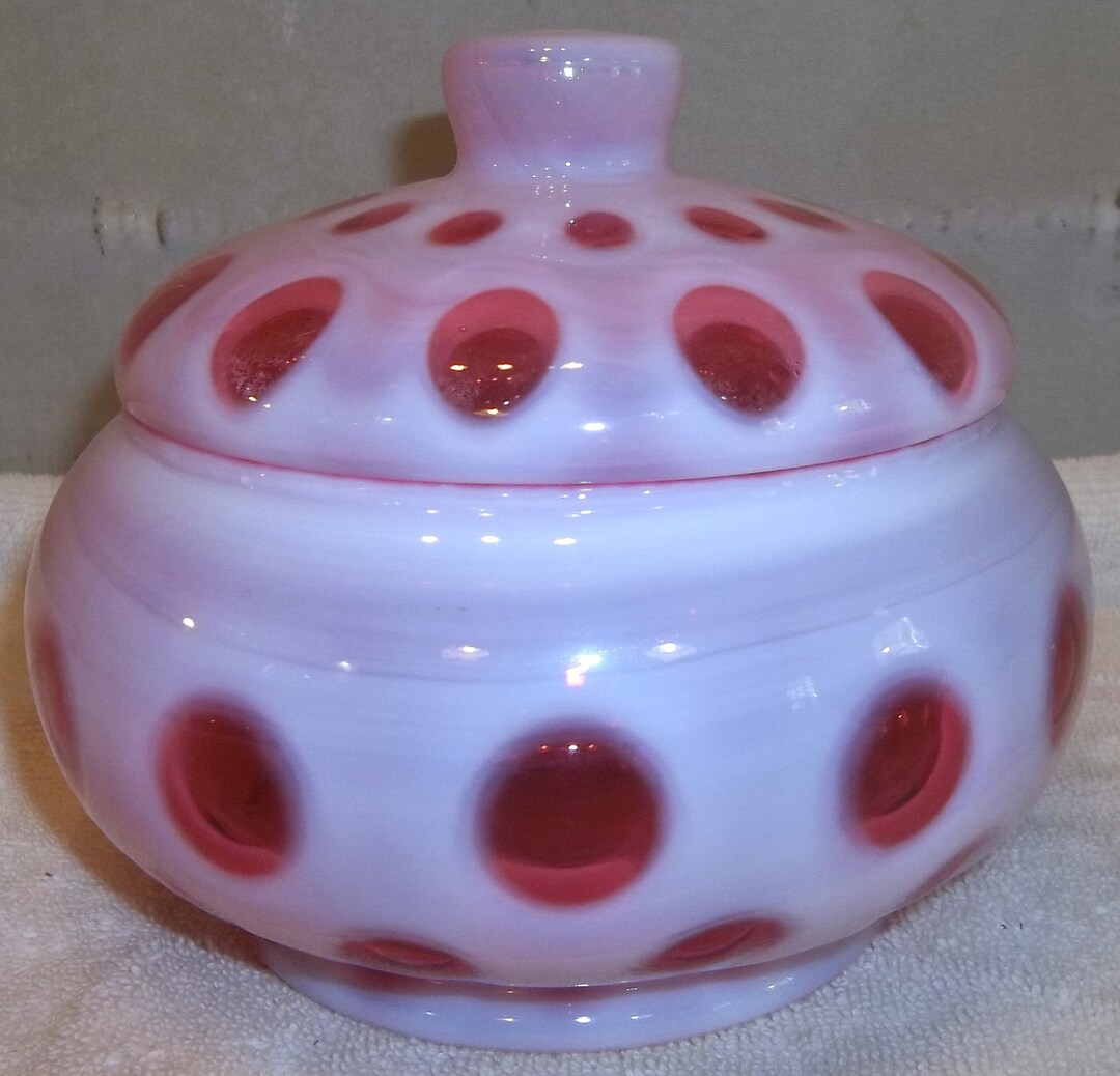 Vintage Fenton Opalescent Cranberry Glass Coin Dot Candy Dish Powder ...
