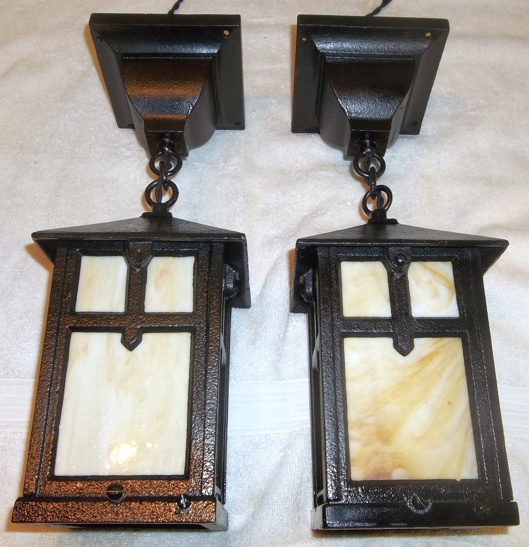Restored Pair of Antique Cast Iron and Slag Glass Arts & Crafts Mission ...
