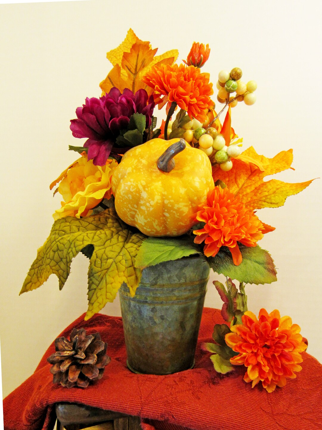 Galvanized Metal Bucket-fall Arrangement-pumpkin-mums-fall Leaves ...