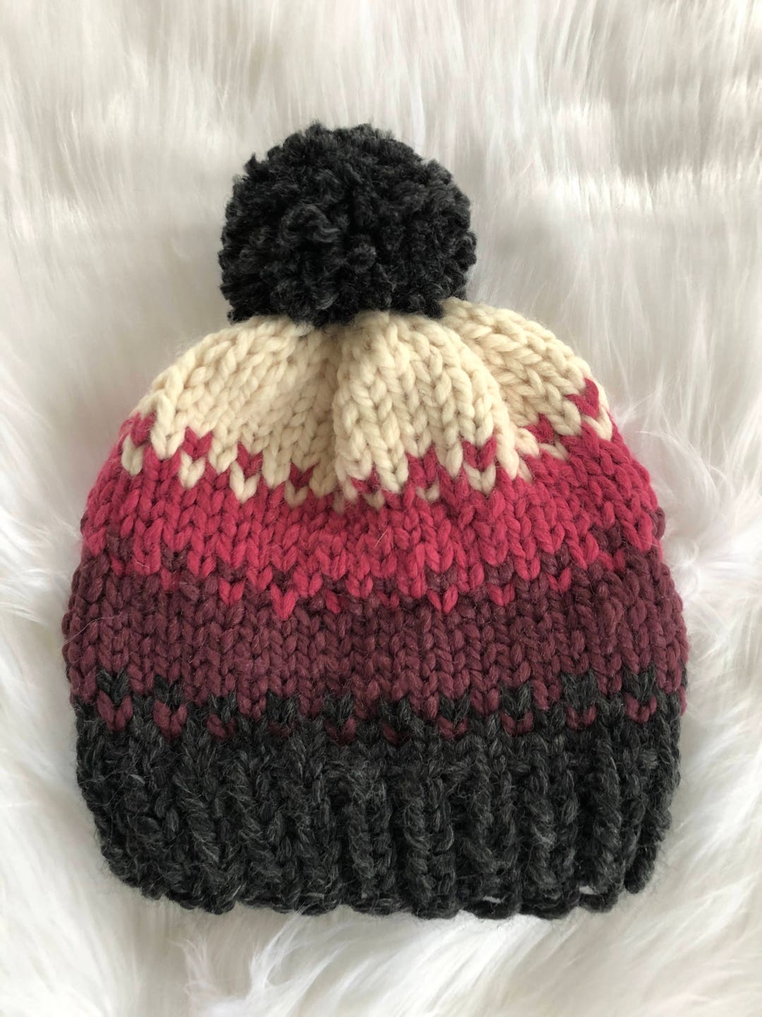Three Different Color Shades Knit Hat With Pom Pom / Slouchy Fair Isle ...