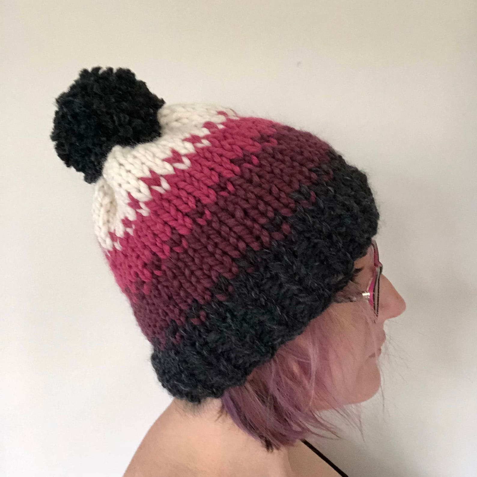 Three Different Color Shades Knit Hat With Pom Pom / Slouchy Fair Isle ...