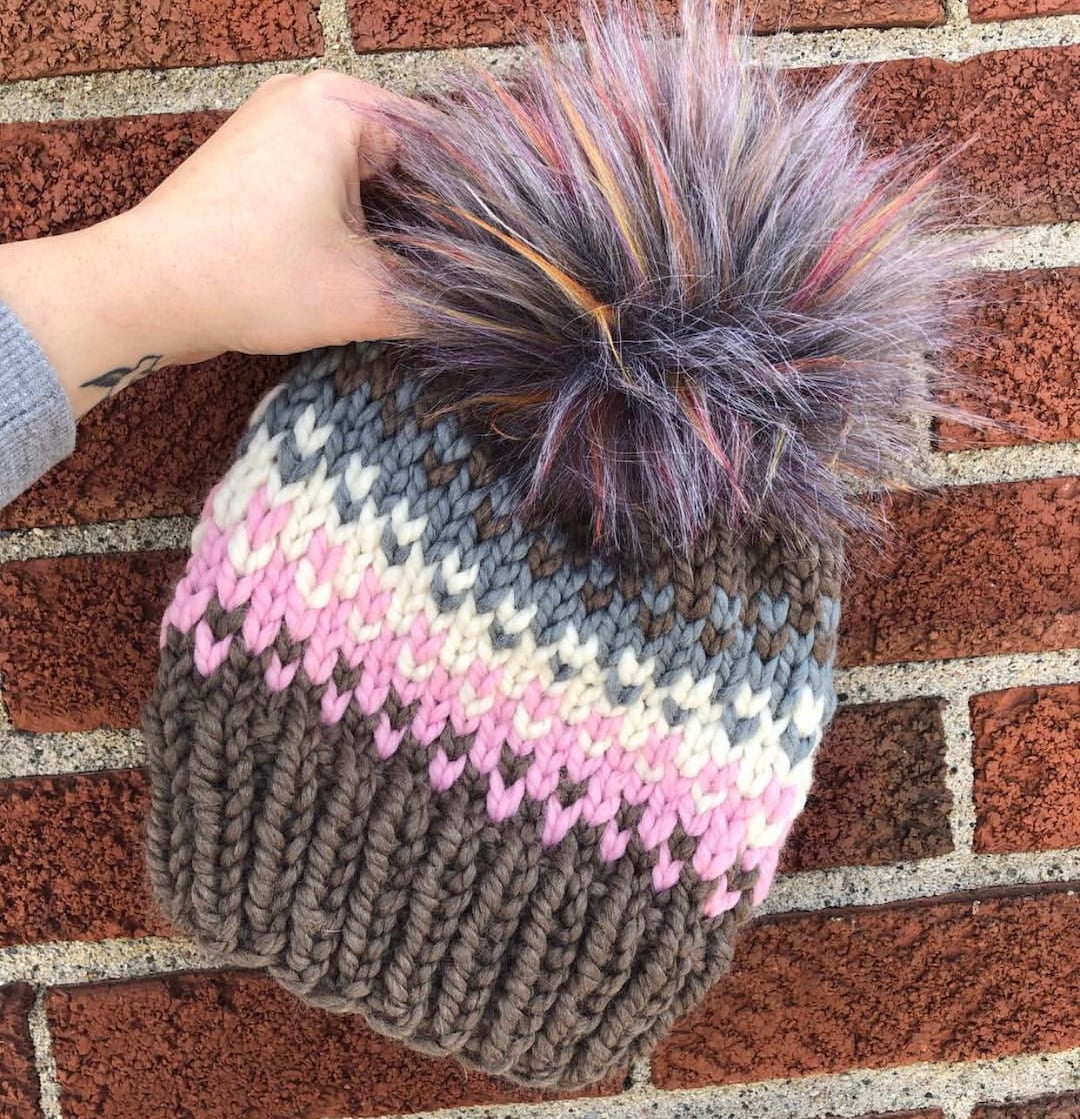 Faux Fur Fair Isle Pom Pom Hat // Chunky Faux Hat // Fur Pom Pom ...