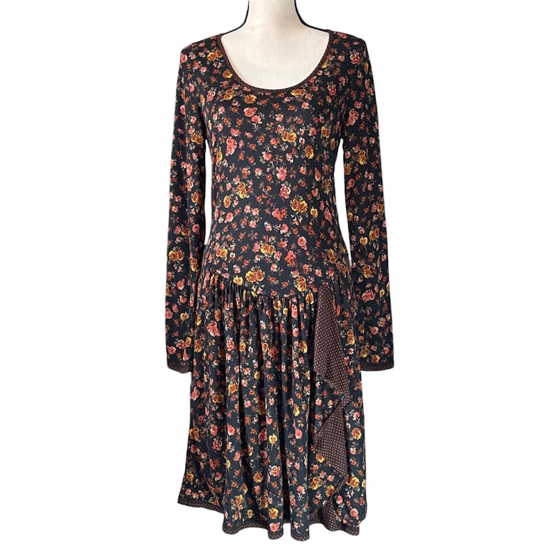 Peruvian Connection Floral Print Long Sleeve Dropped Waist Dress Size L ...