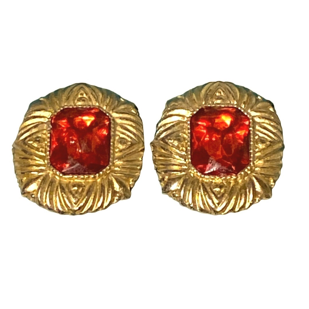 Vintage Gold Tone and Faux Red Ruby Clip on Earrings Women OS - Etsy