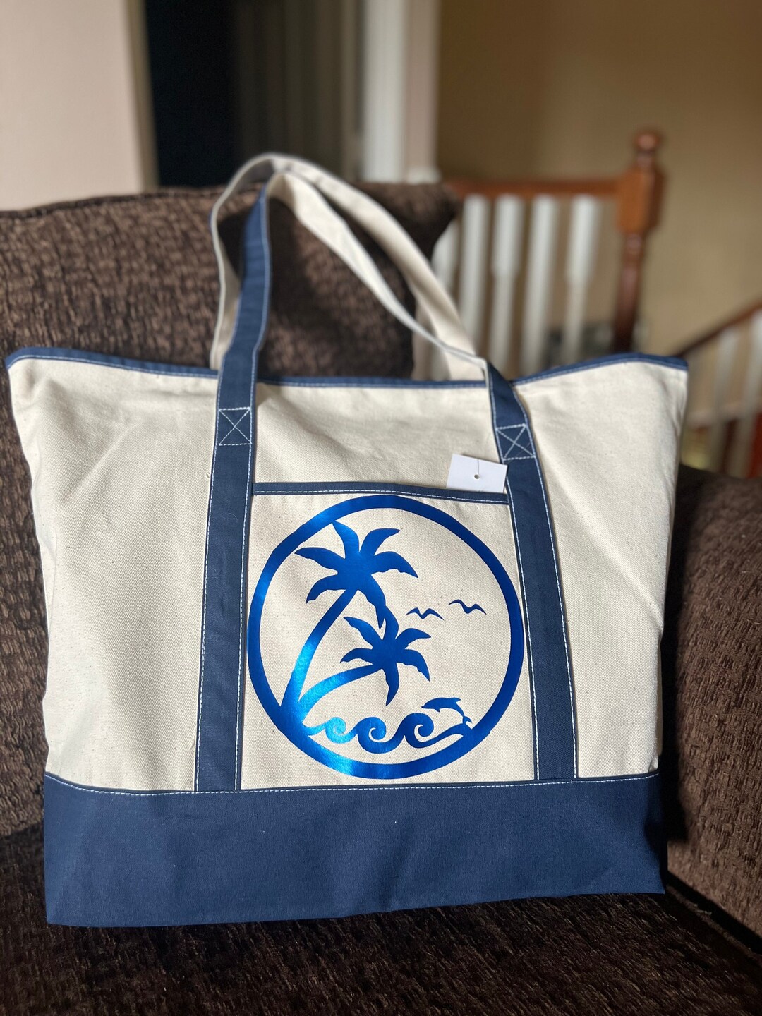 Palm Trees Canvas Tote Bag, XL Vaca Beach Bag, Boat Tote Bag, Weekender ...