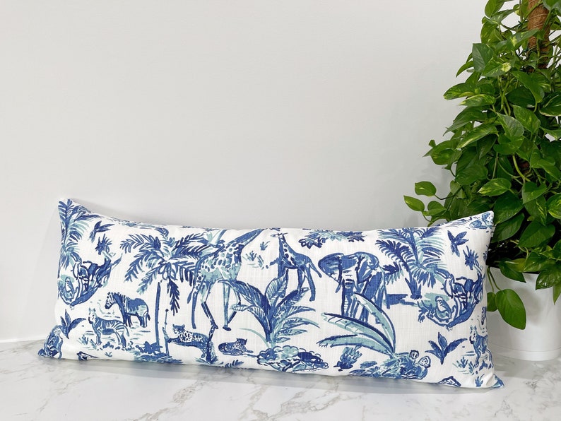 Cobalt Blue Safari Lumbar Pillow Cover, Blue and White Zippered ...