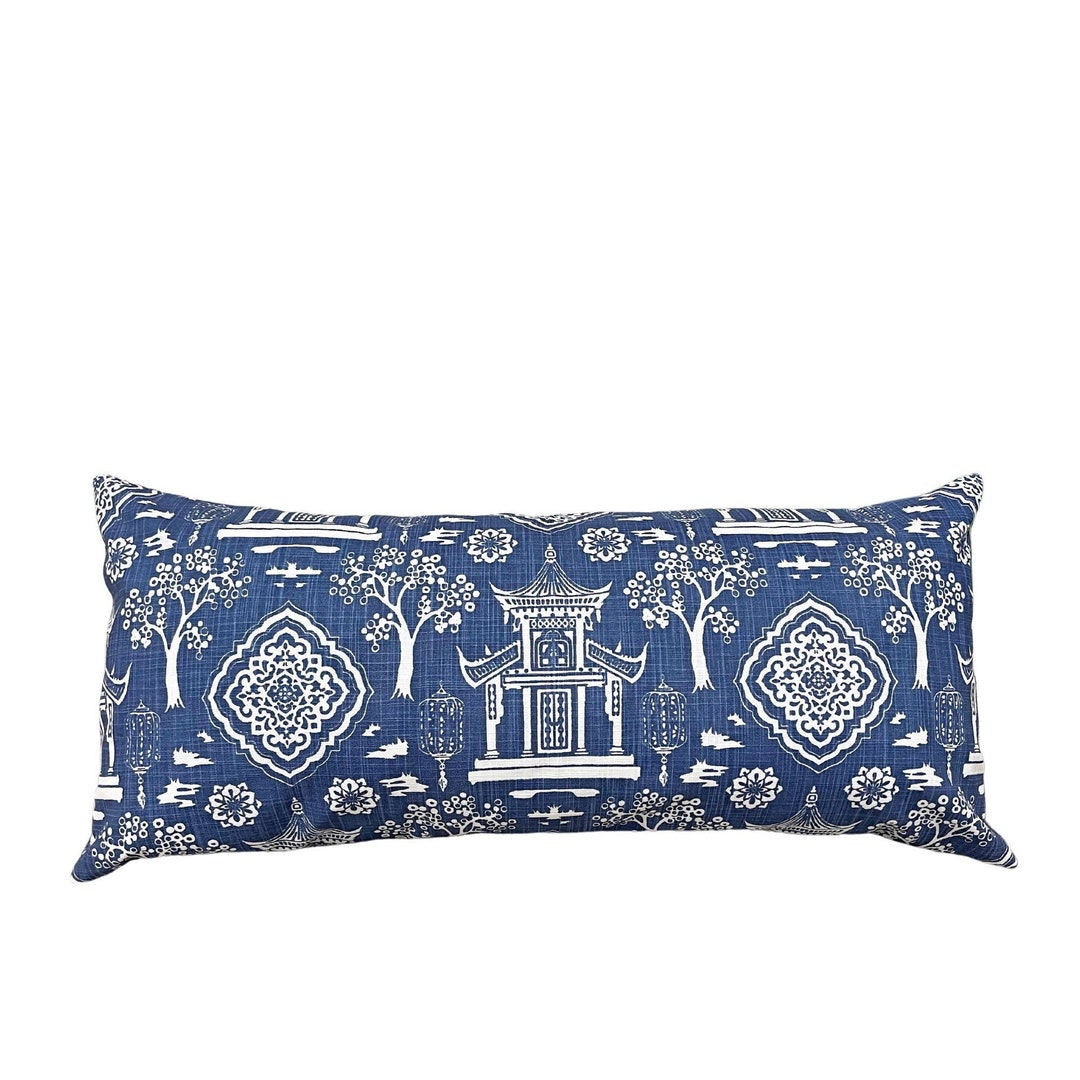 Navy Toile Lumbar Pillow Cover, Rectangular Chinoiserie Toile Regal ...