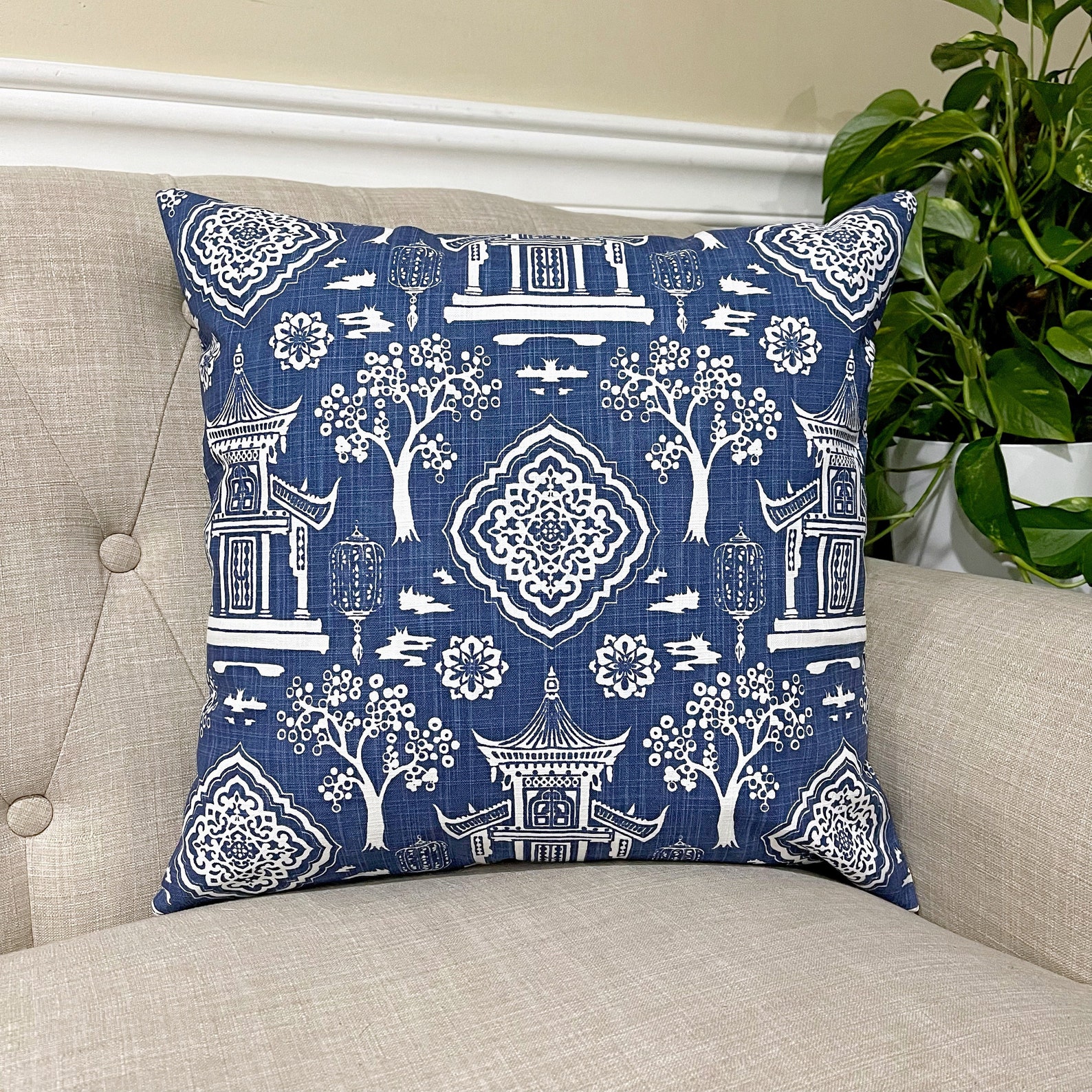 Navy Toile Throw Pillow Cover, Chinoiserie Toile Regal Spirit Navy Blue ...