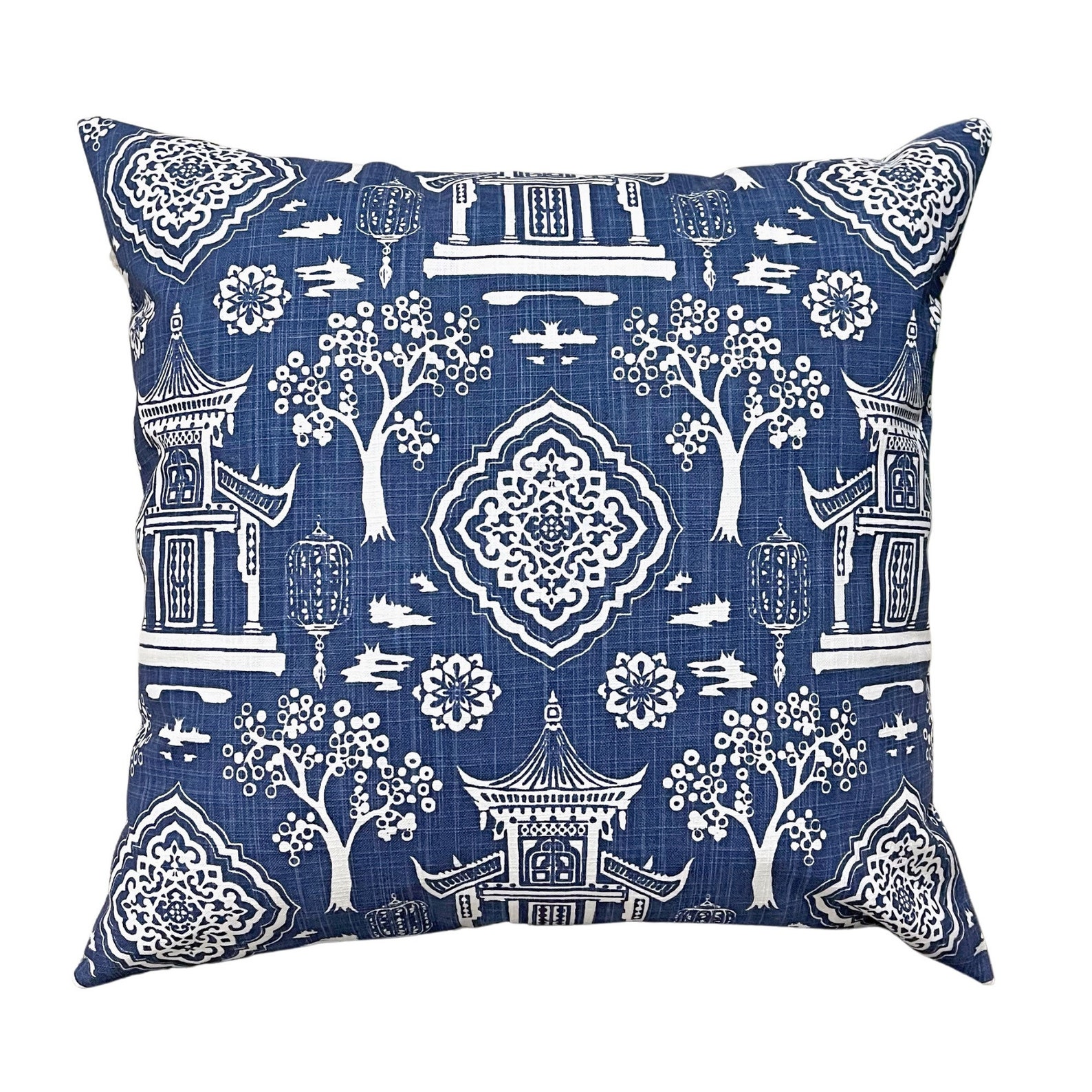 Navy Toile Throw Pillow Cover, Chinoiserie Toile Regal Spirit Navy Blue ...