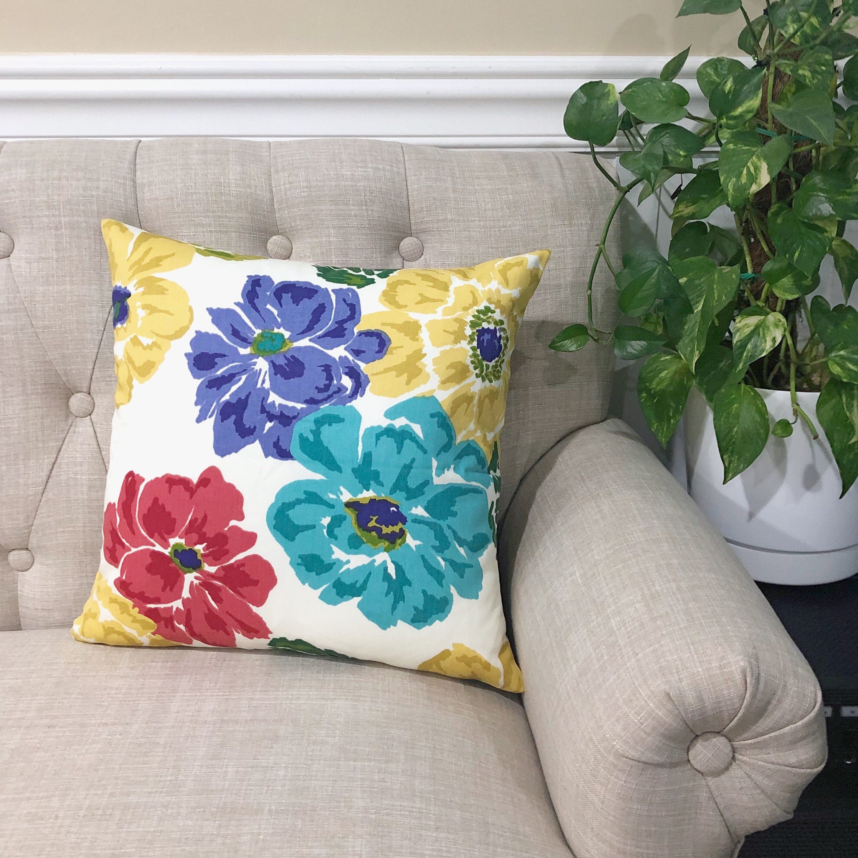 Floral Pillow Cover, Big Flower Print Pillow Case, Red, Yellow, Purple ...