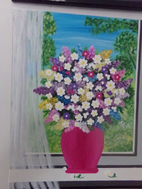 Palette Knife Flowers 3-D Magenta Vase in a Window | Etsy