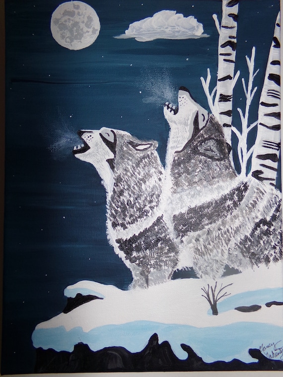 Two Wolves Howling At The Moon Together