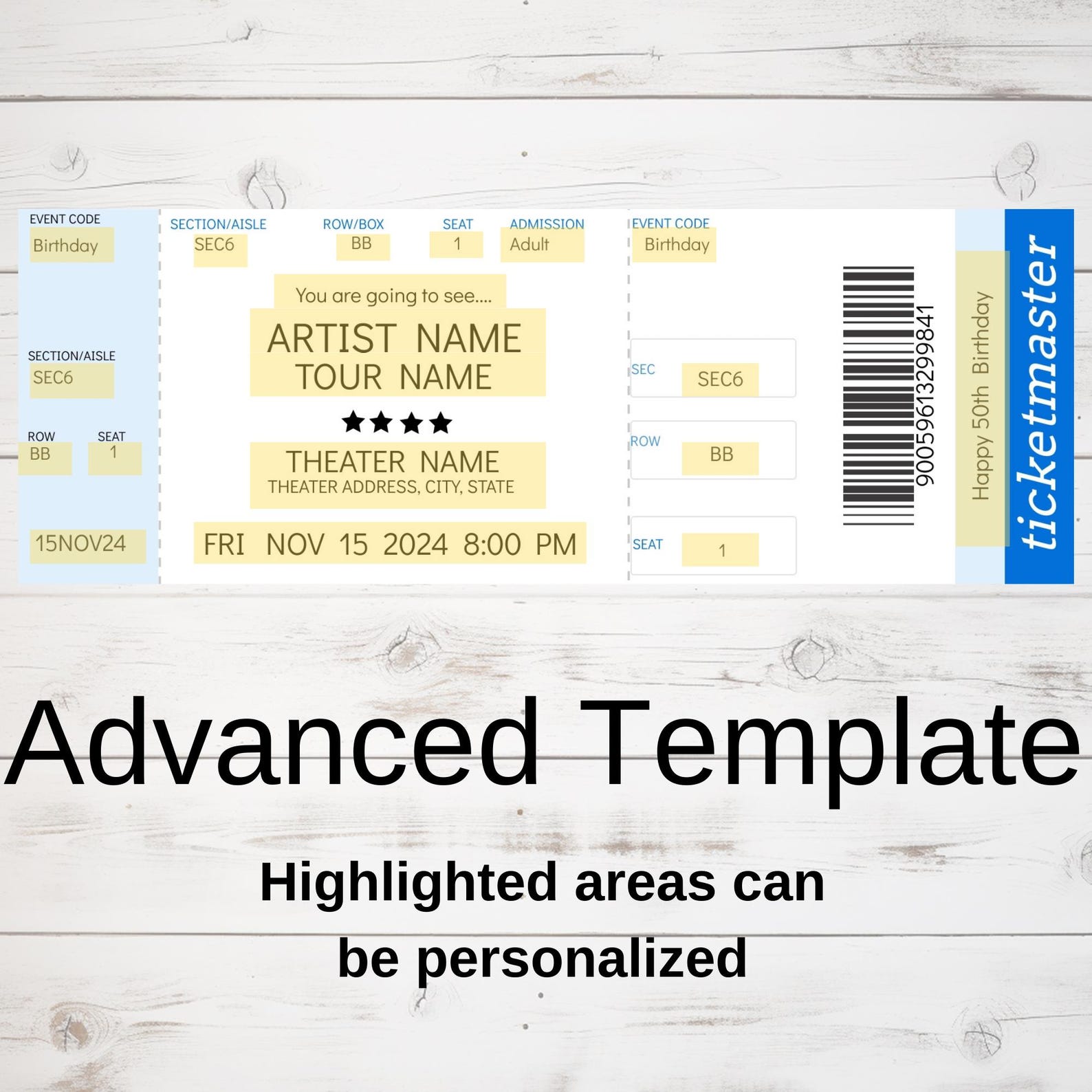 Custom Concert Ticket Template, Personalized Souvenir Ticket Stub ...