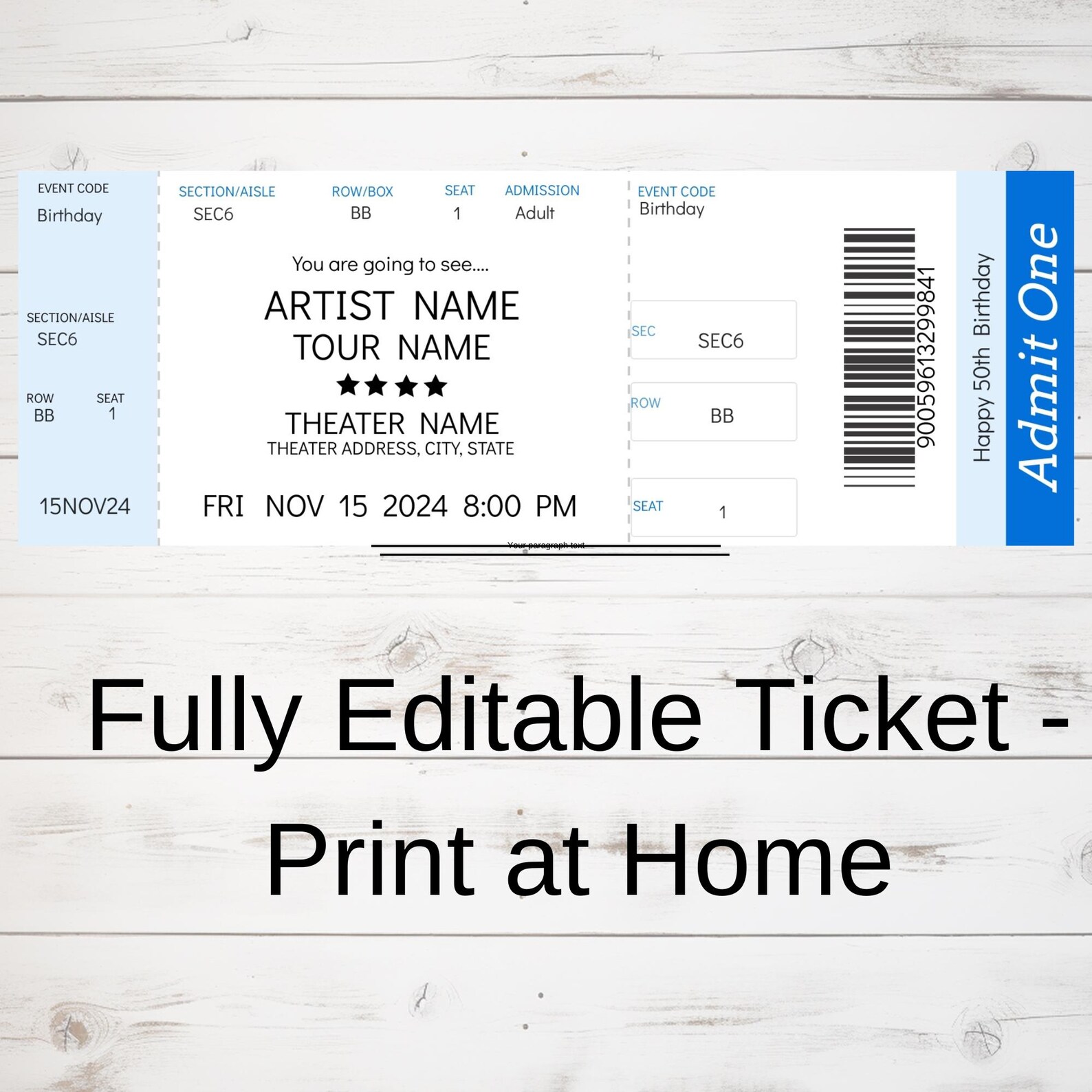 Custom Concert Ticket Template for Birthday, Personalized Ticketmaster ...