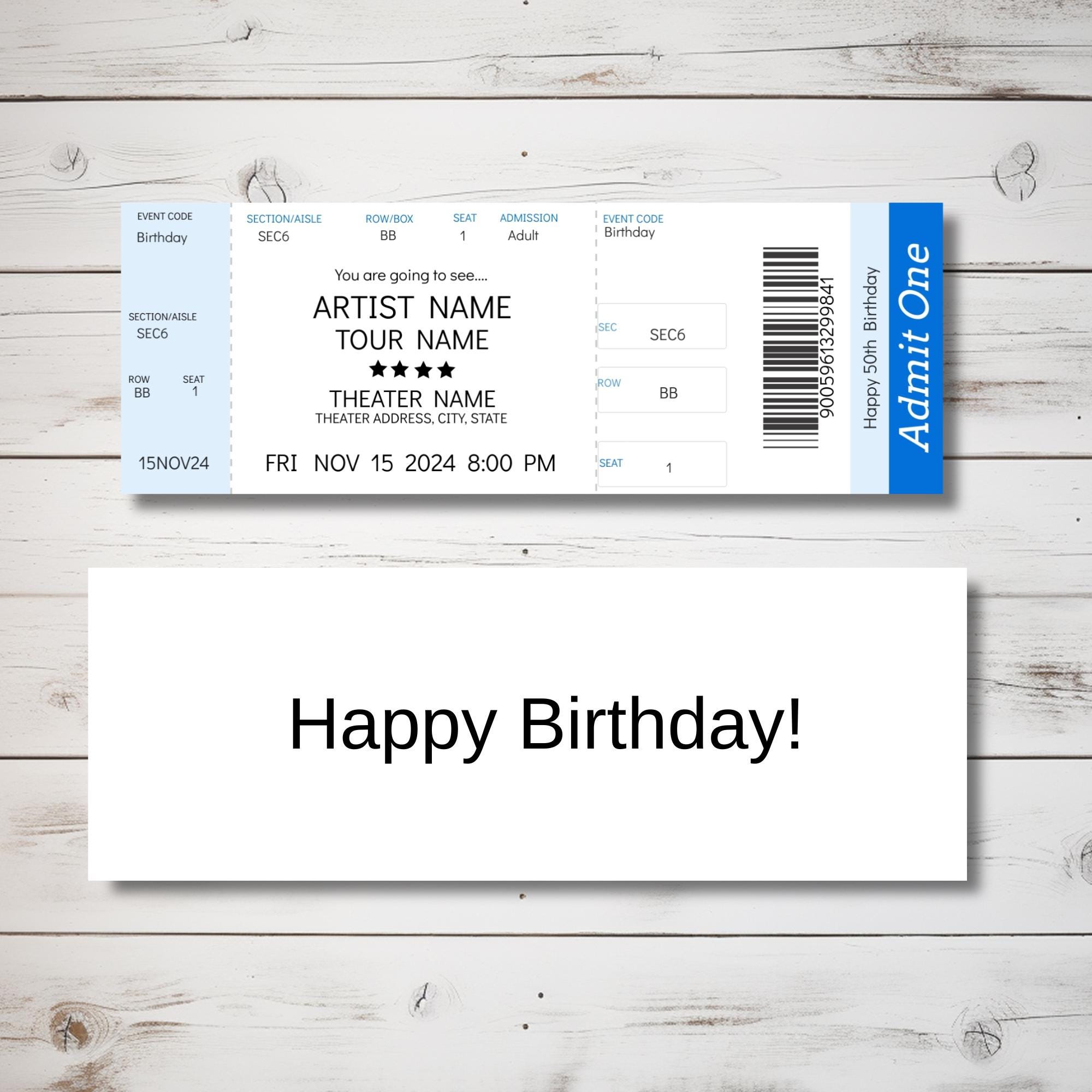 Custom Concert Ticket Template for Birthday, Personalized Ticketmaster ...