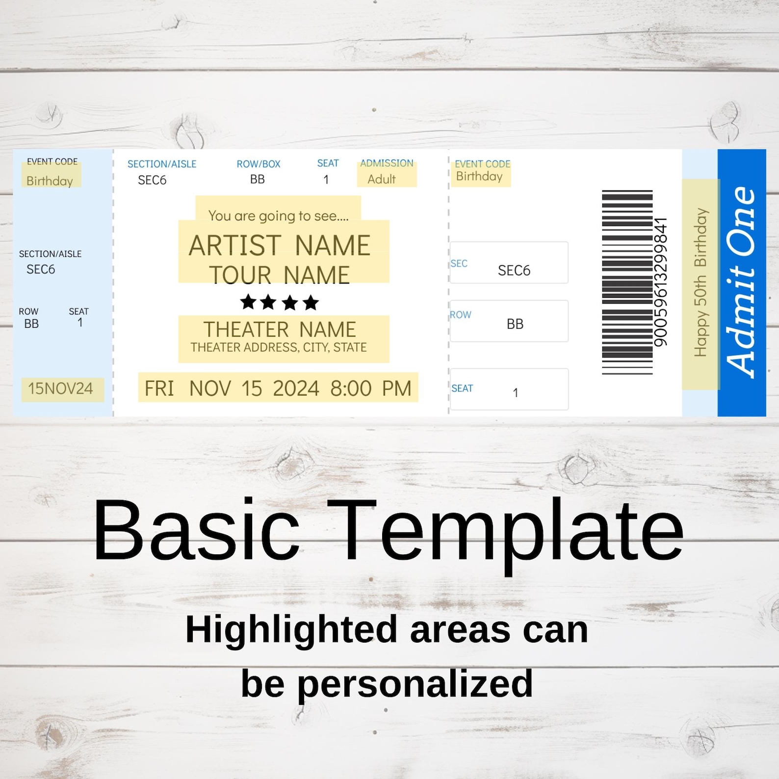 Custom Concert Ticket Template for Birthday, Personalized Ticketmaster ...