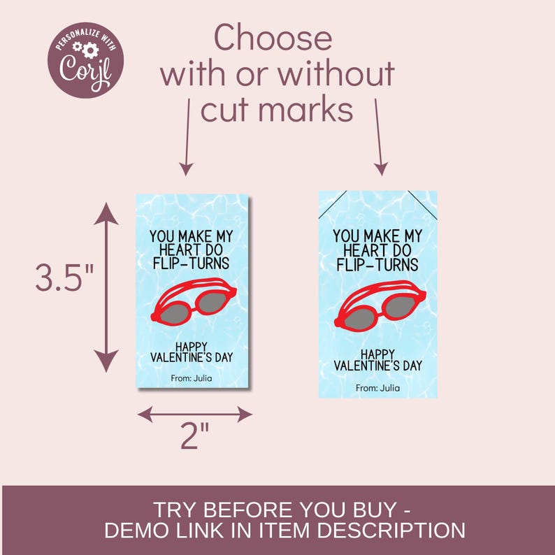 Swimming Editable Tag for Valentine's Day, Printable Valentine's Day ...