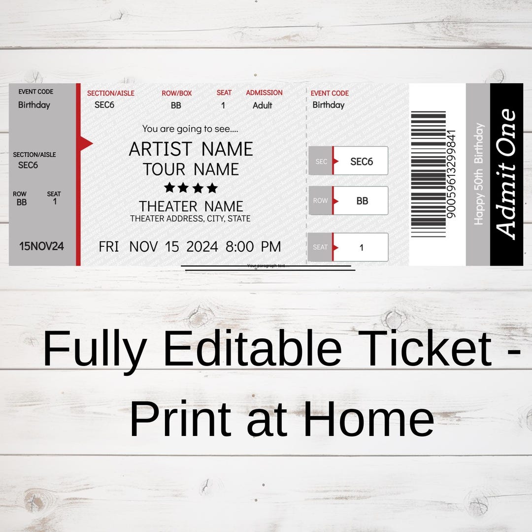 Concert Ticket Template Printable, Editable Souvenir Ticket Stub, Event ...