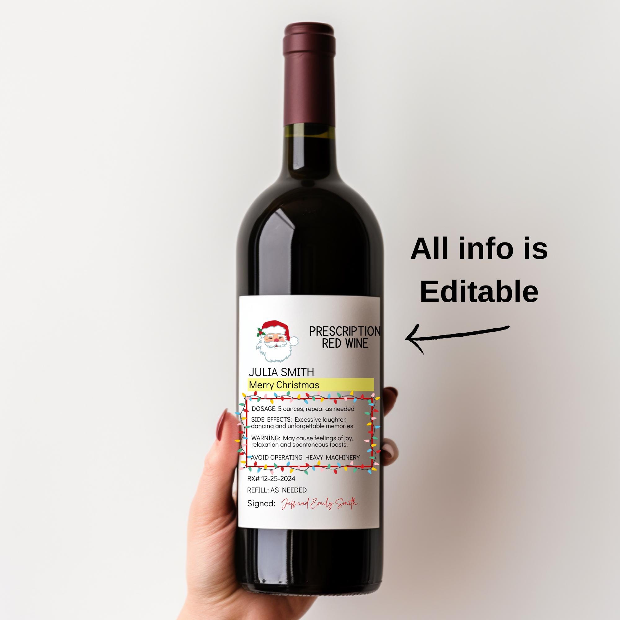 Prescription Christmas Editable Wine Labels, Printable Wine Labels for ...