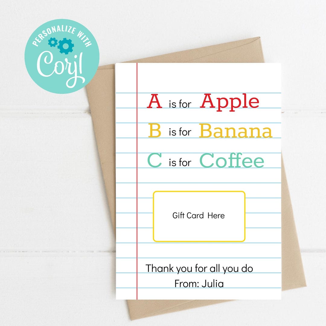 Editable Coffee Gift Card Holder for Teachers, Printable ABC Gift Card ...