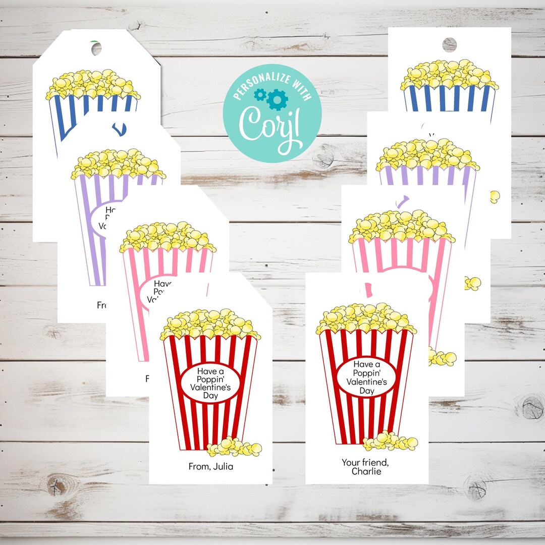 Popcorn Valentine's Day Editable Tag for Classroom Favors, Printable ...