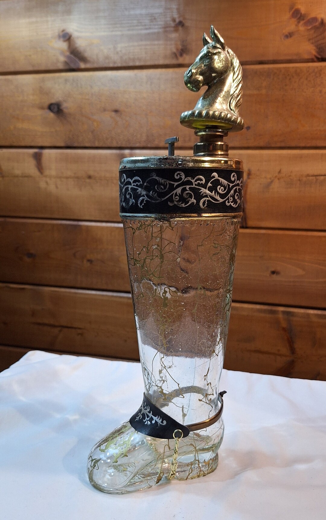 Vintage Decanter Music Box Clear Glass Riding Boot and Brass Horse Head ...