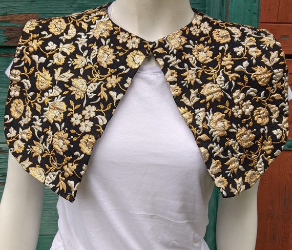 Vintage Caplet/Collar Embroidered Gold Floral on Blac… - Gem