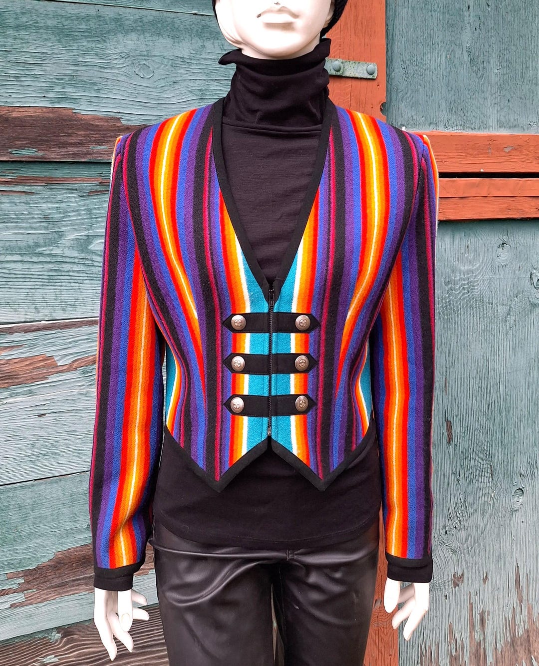 Vintage Cropped Jacket Brilliant Wool Rainbow Colors With Concho Zip ...