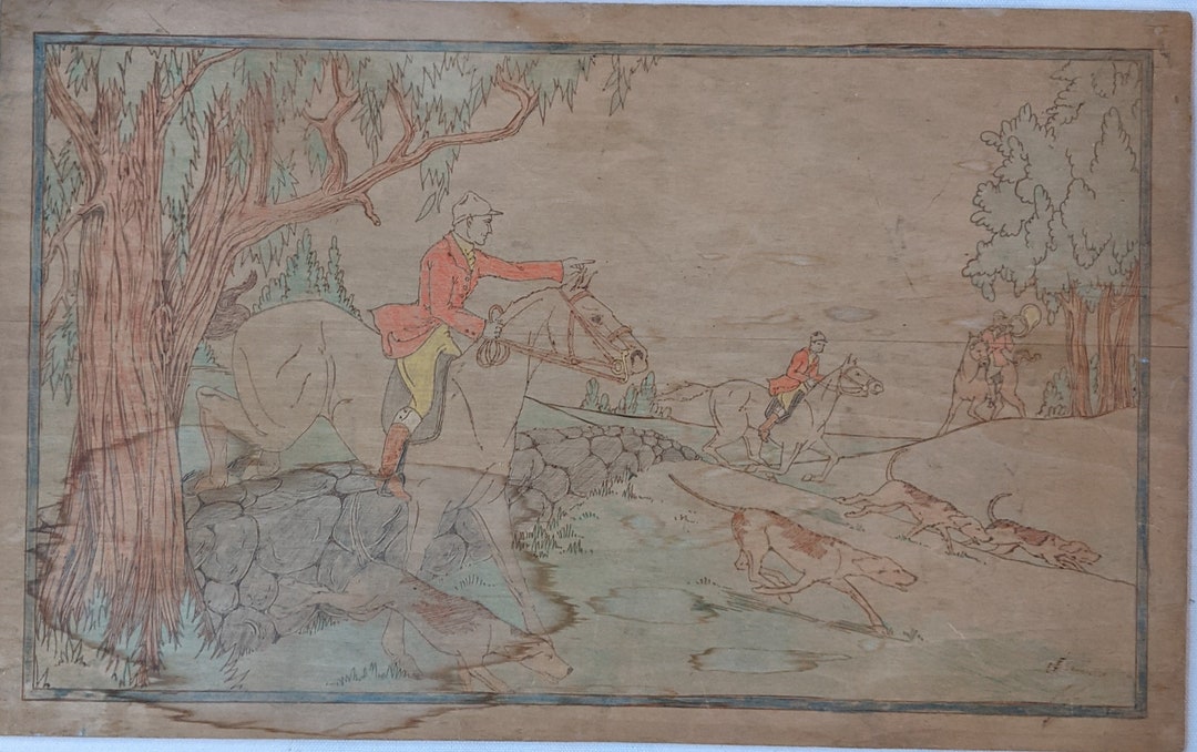 Vintage Wood Pyrography Fox Hunt No 503 Harry A Ungar Dibble Studios ...