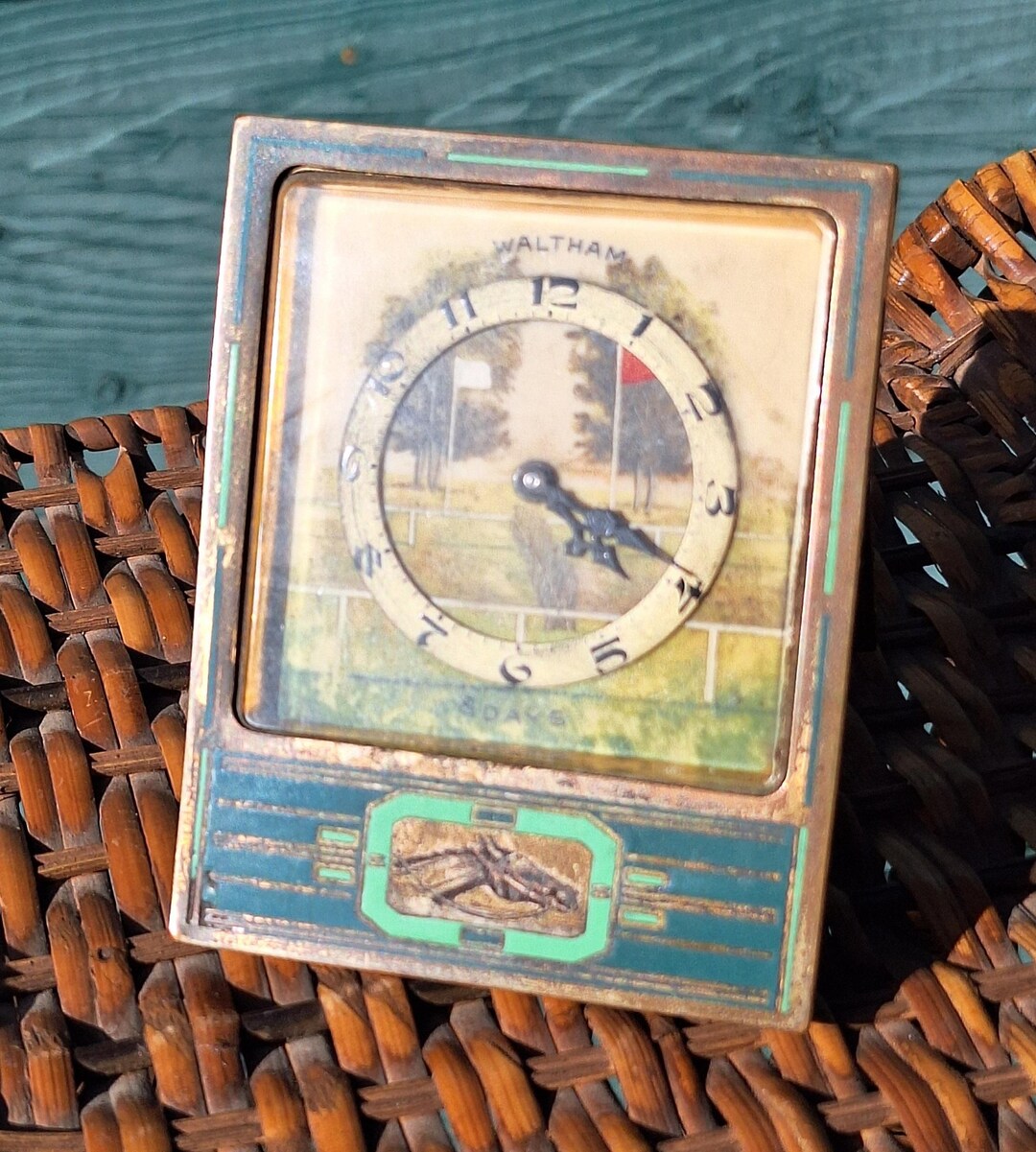 Antique Waltham Brass Desk Clock 8 Day Steeplechase Course & Horse ...