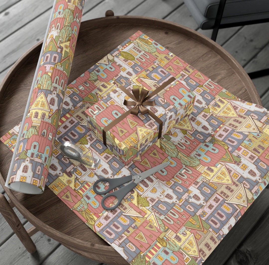 Neutral Norwegian Christmas Houses Wrapping Paper Roll Holiday Homes ...