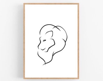 Lion Line Art Lion Print Abstract Animal Wall Decor | Etsy