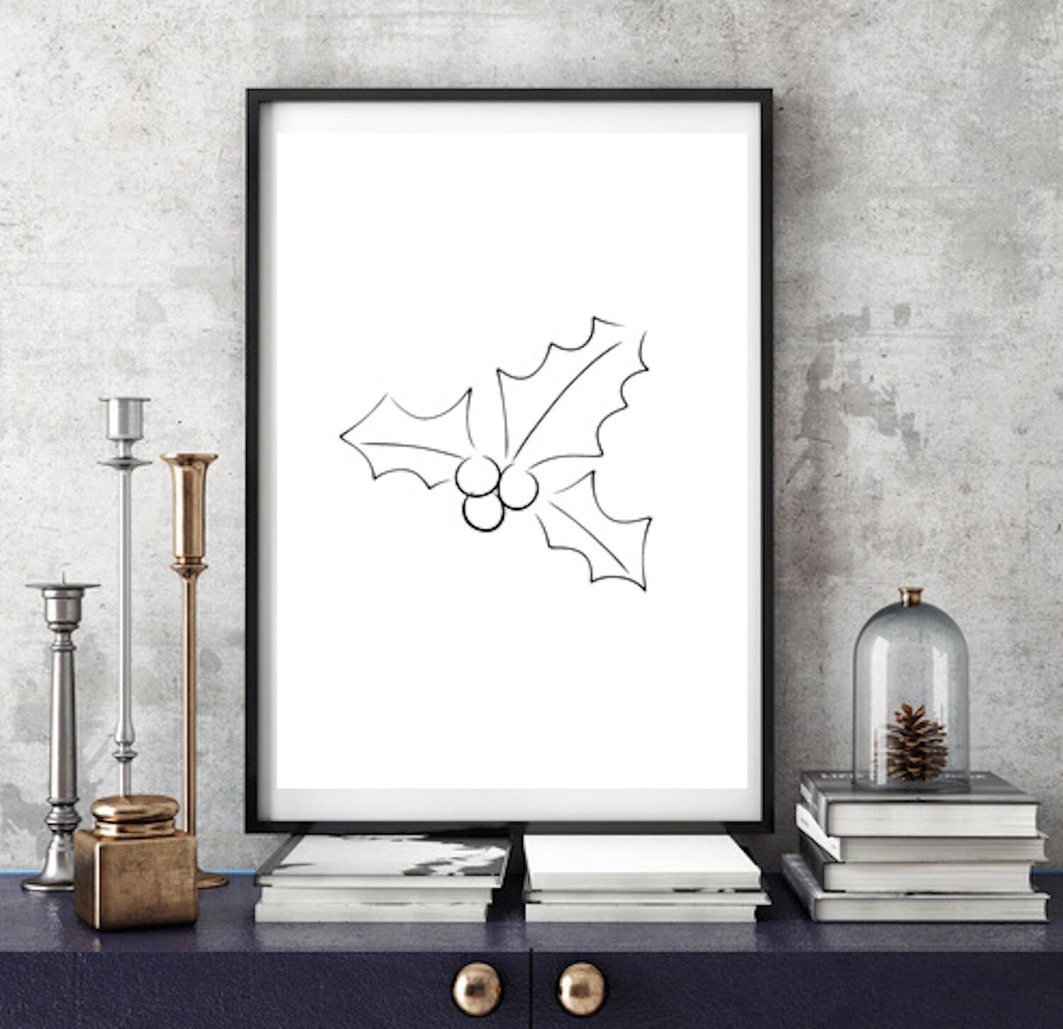 Holly Line Art Holiday Print Abstract Christmas Wall Decor | Etsy