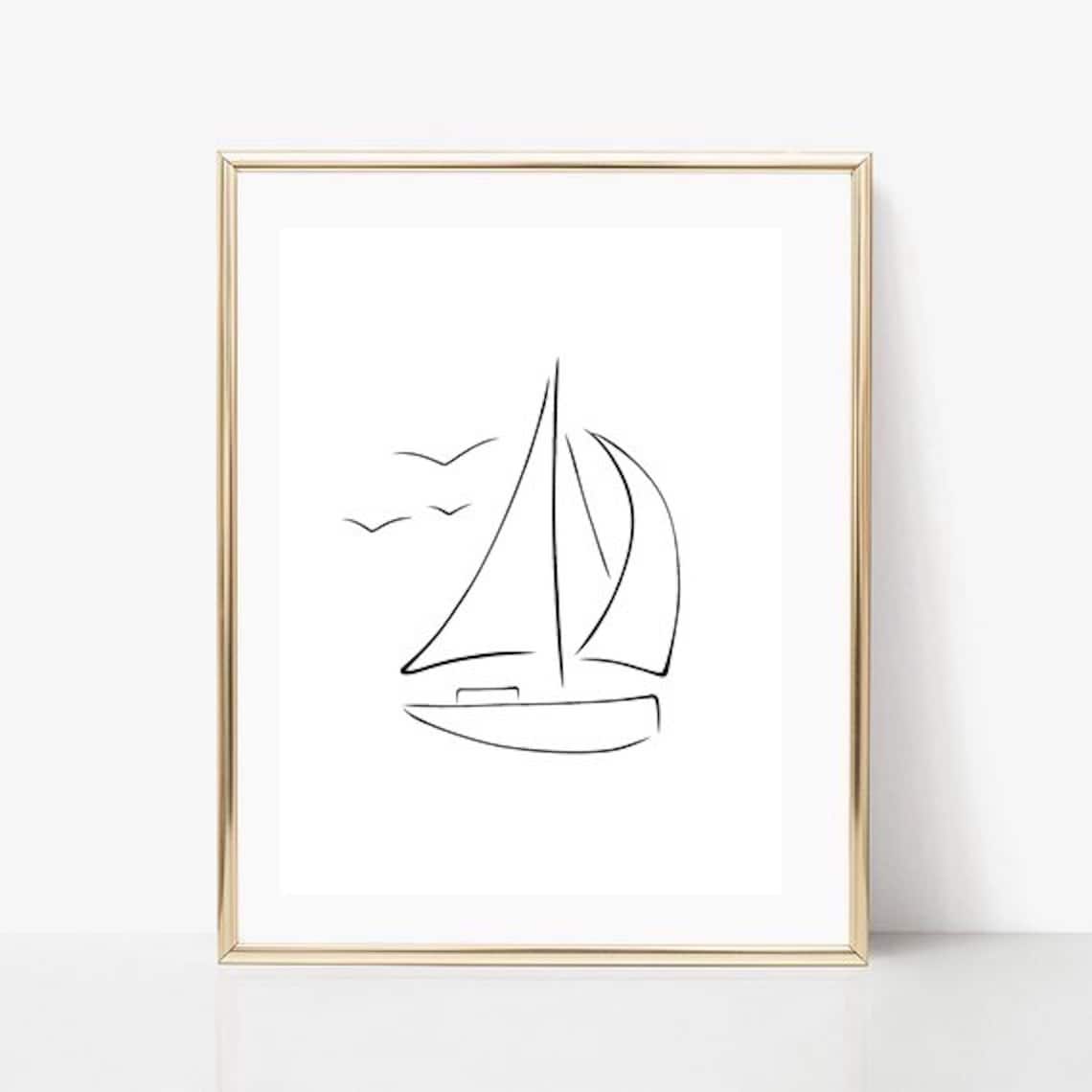 Sail Boat Line Art, Sail Boat Print, Abstract Sea Wall Decor ...