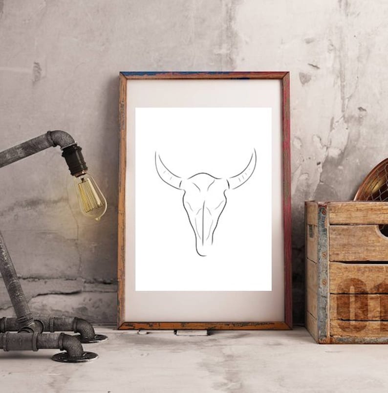 Bull Line Art Skull Print Cow Skull Abstract Western Wall - Etsy