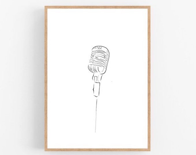 50's Microphone Line Art. Printable Minimalist Mic Doodle. Modern Music ...